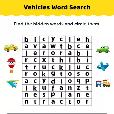 Vehicle Word Search Puzzle For Kids