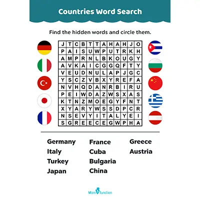 Countries Word Search Puzzle For Kids