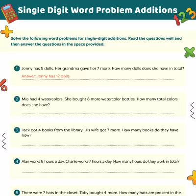 Addition Worksheets: Single Digit Word Problems