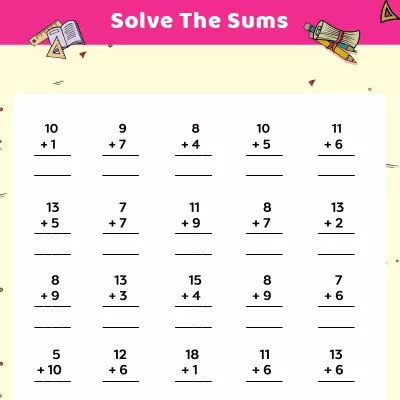 Addition Worksheets: Add The Numbers (Sum Under 20)