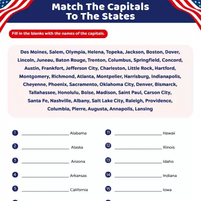 State And Capitals Worksheet Match The Capital To The State