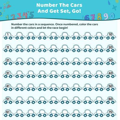 Cars Missing Numbers Worksheet: 1 to 100