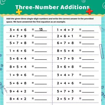 Addition Worksheet: Three Single Digits Horizontal