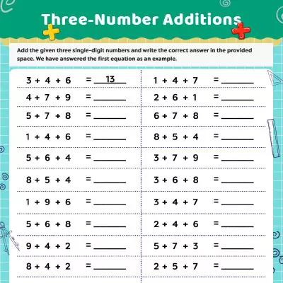 Addition Worksheet: Three Single Digits Horizontal