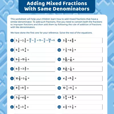 Fractions Worksheet Add Mixed Fractions Having Like Denominator